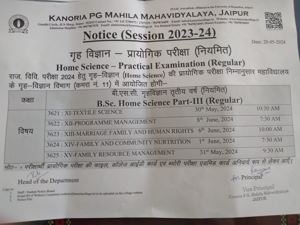 BSc Home Science 3rd Year Practical Examination 24 Time Table - Kanoria ...